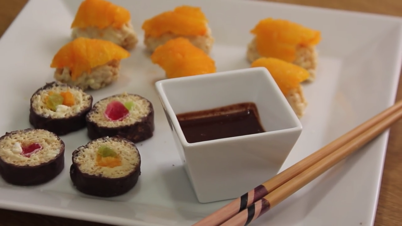 Sushi de chocolate, naranja y chuches